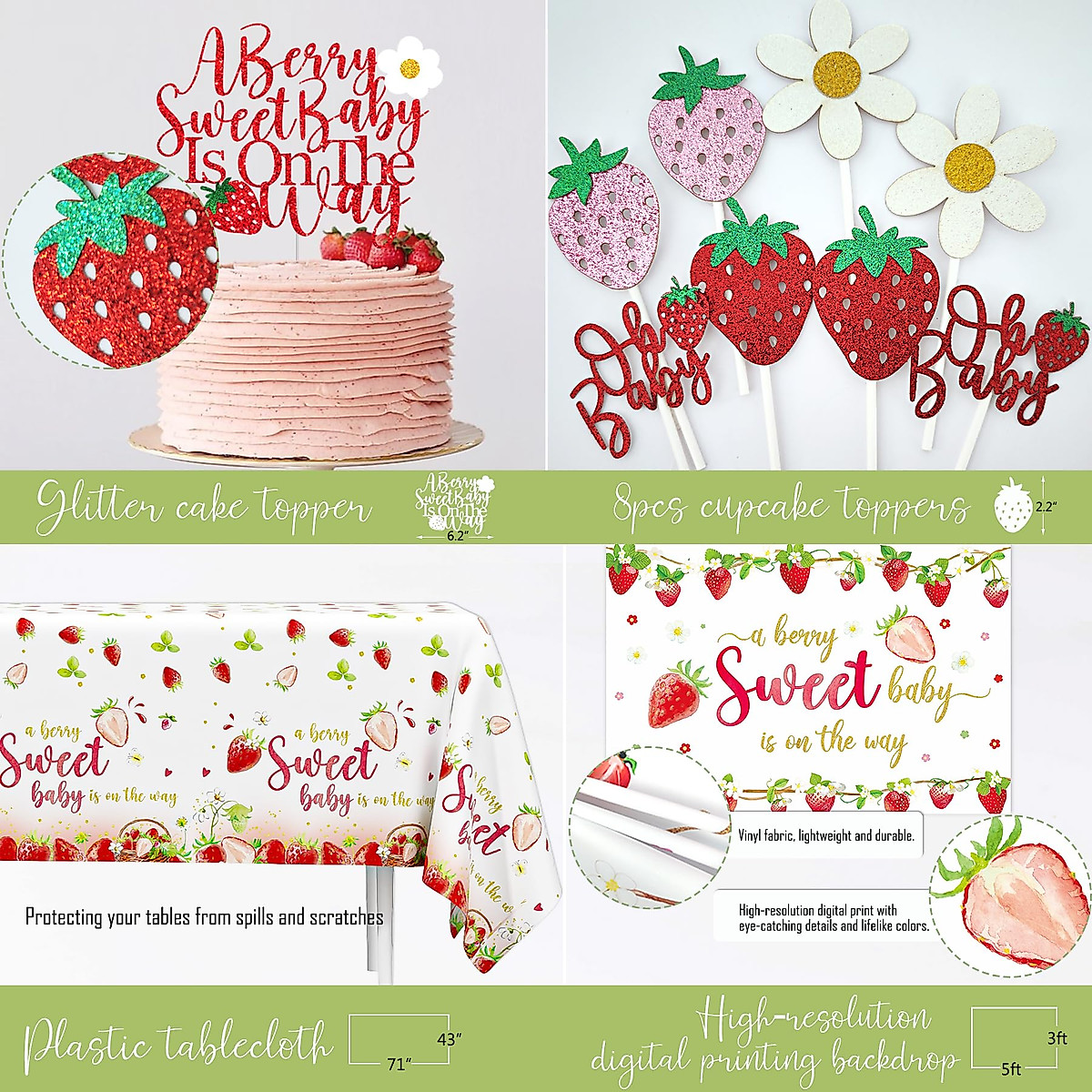 Strawberry Baby Shower Decorations Party Supplies, A Berry Sweet Baby Is On The Way Decor, It's a Girl Gender Reveal, Baby Shower Backdrop Balloon Arch Box Mom to Be Sash Tablecloths Cake Topper