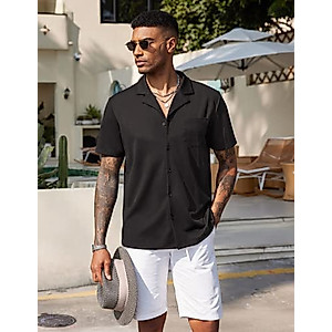 COOFANDY Men's Button Down Cuban Short Sleeve Shirts Textured Crochet Camp Black Shirts