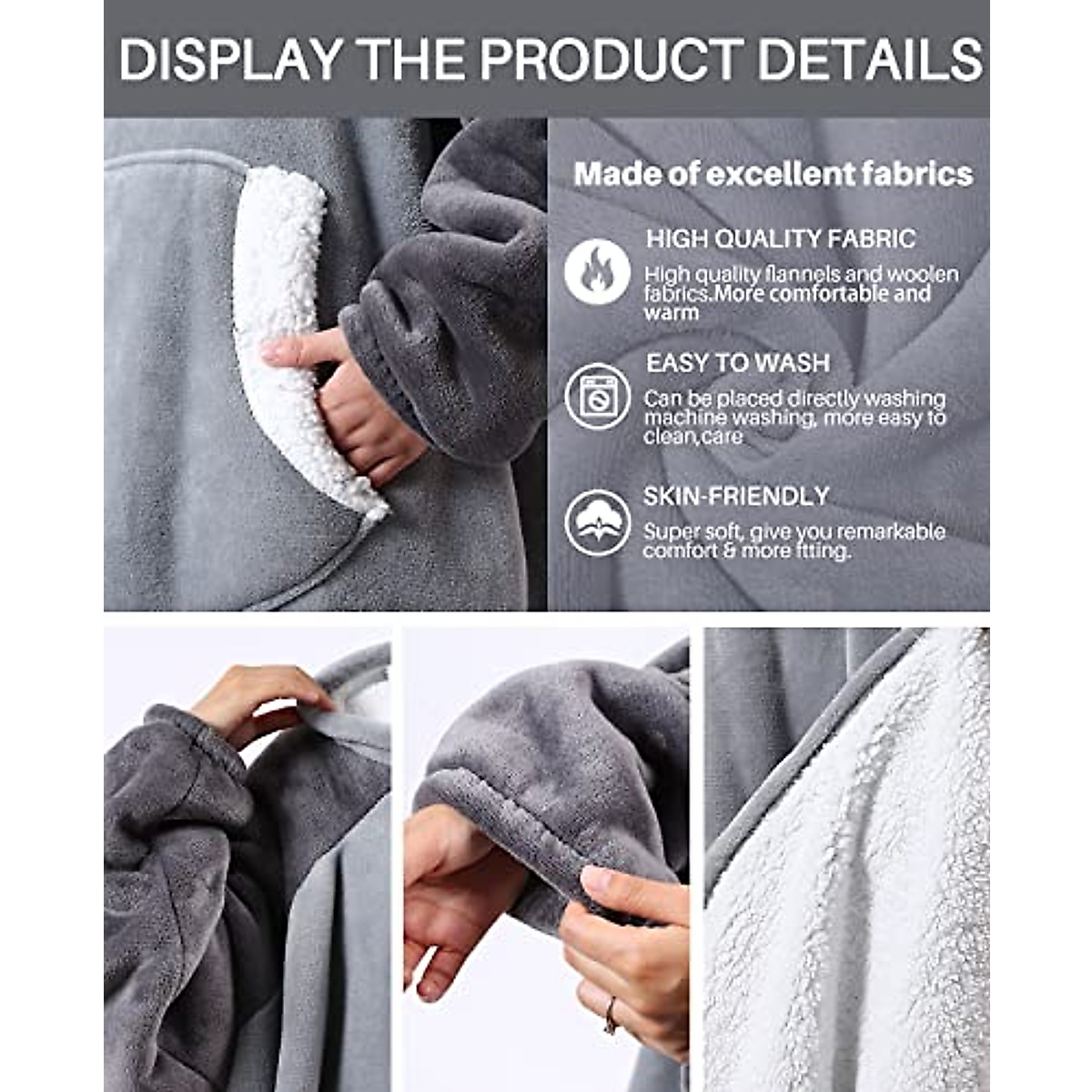 Blanket Hoodie Oversize Huge Hooded Blanket Sweatshirt with Deep Pockets and Elastic Sleeves, Women's Men's Fleece Lamb Fleece Soft Warm Comfortable Blanket Jacket Sweater Gift Adult Youth One Size