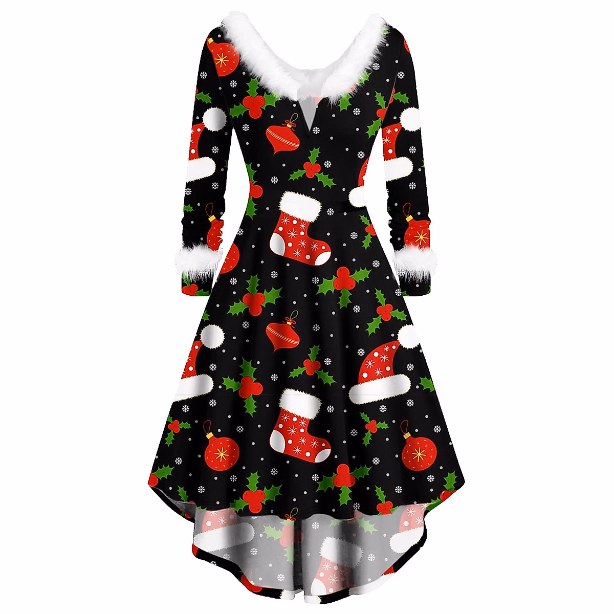 Red Dresses for Women Sexy Santa Christmas Printed Midi Dresses Furry V-Neck A-Line Swing Party Dress Cosplay Costume