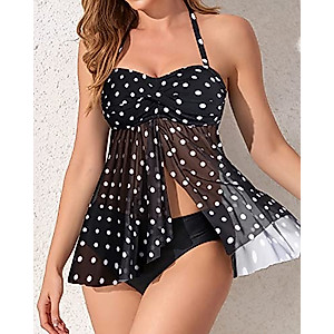 Tempt Me Womens Black Polka Dot Two Piece Bathing Suits Halter Bandeau Tankini Top Flyaway Swimsuit with Bottoms Tummy Control Swimwear L