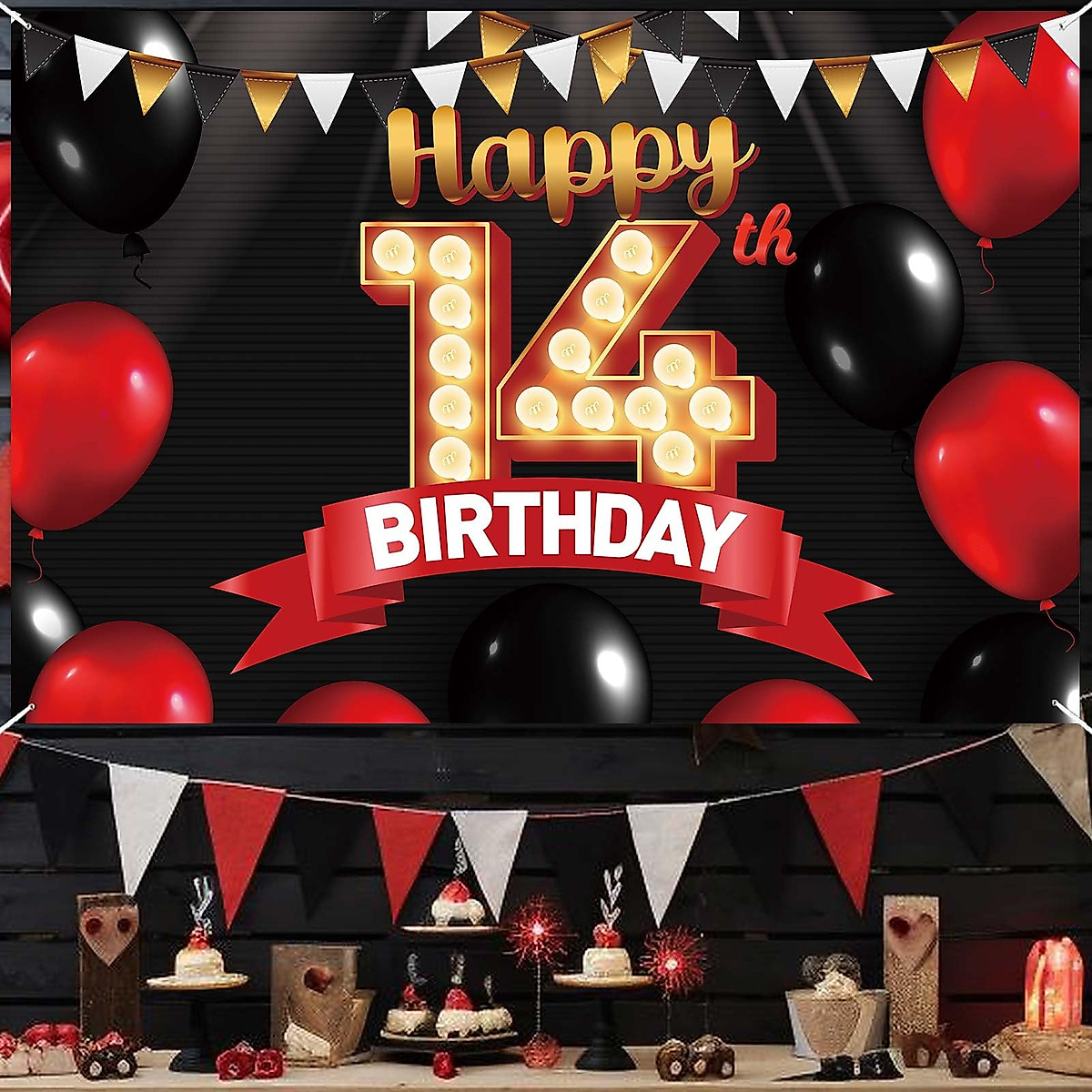 Happy 14th Birthday Black Banner Decorations Gold Backdrop Red and Black Balloons Theme Decor for Girls Women Princess 14 Years Old Birthday Party Supplies Photo Booth Props Background Favors Glitter