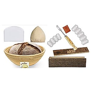 Bread Bosses 9 Inch Banneton Proofing Basket and Bread Bakers Lame Slashing Tool - Great as a Gift