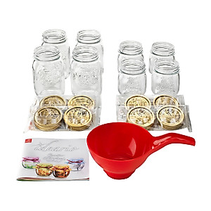Bormioli Rocco Quattro Stagioni 18-Piece Canning Starter Set (4) 8.5 and (4) 17-Ounce Jars (8) Caps, Funnel, Recipe Book