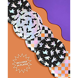 xo, Fetti Halloween Plates - 24 pcs | Halloween Tablescape, Spooky Season Setting, Haunted House Party, Checkered Kids Table Decor