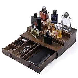 Boulphia Cologne Organizer for Men, 3-Tier Cologne Stand with Drawer and Hidden Compartment, Wooden Cologne Shelf for Perfume Display Holder, Great Gifts for Men, Vintage