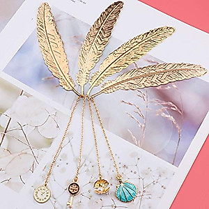 4 Pieces Metal Feather Bookmarks Pendant Bookmark Gold Retro Book Page Markers,Perfect Gift for Reader,Women,Kids,Students, Teachers,Friends and Book Lovers(Key,Sea Shell,Treasure,Clock）