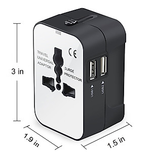 Travel Adapter, Worldwide All in One Universal Travel Adapter Wall Charger AC Power Plug Adapter with Dual USB Charging Ports for USA EU UK AUS, Cell Phone Laptop, Black