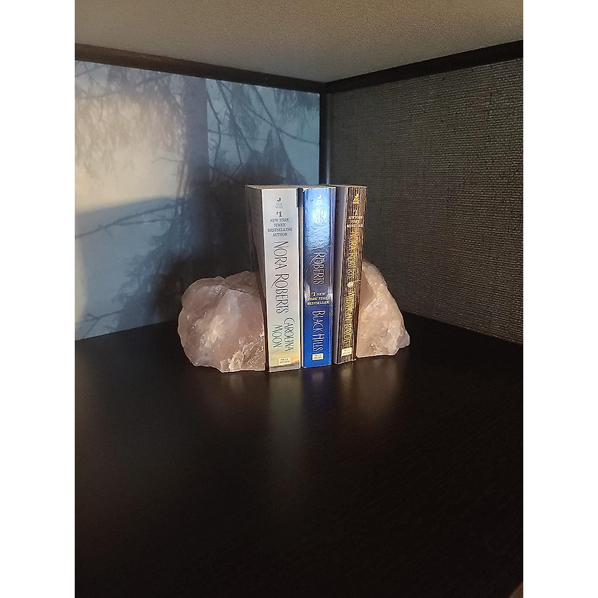 AMOYSTONE Rose Quartz Crystal Stone Bookends Small Bookcase Home Office with Rubber Bumpers 1 Pair 2-3 LBS