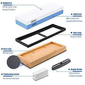Premium Whetstone Knife Sharpening Stone,2 Side Grit 1000/6000 Whetstone Sharpener,Whetstone Knife Sharpener with NonSlip Bamboo Base & Angle Guide