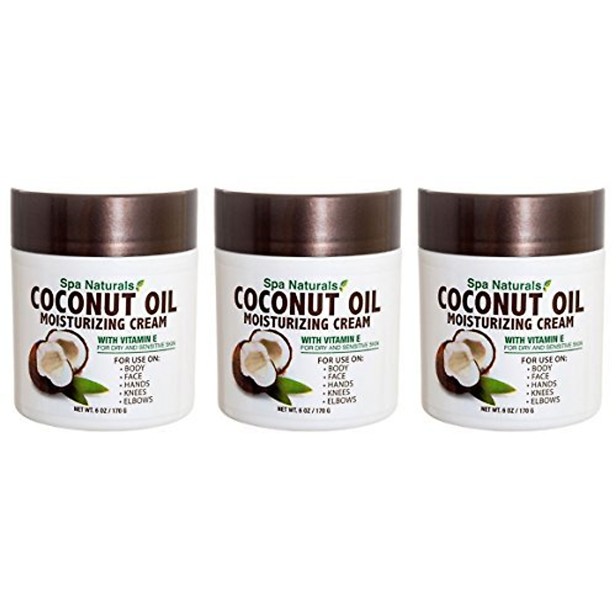 Lot of 3 Coconut Oil Cream 6 Oz/ea Coconut Oil Moisturizing Cream Vitamin E Dry Skin by Spa naturals