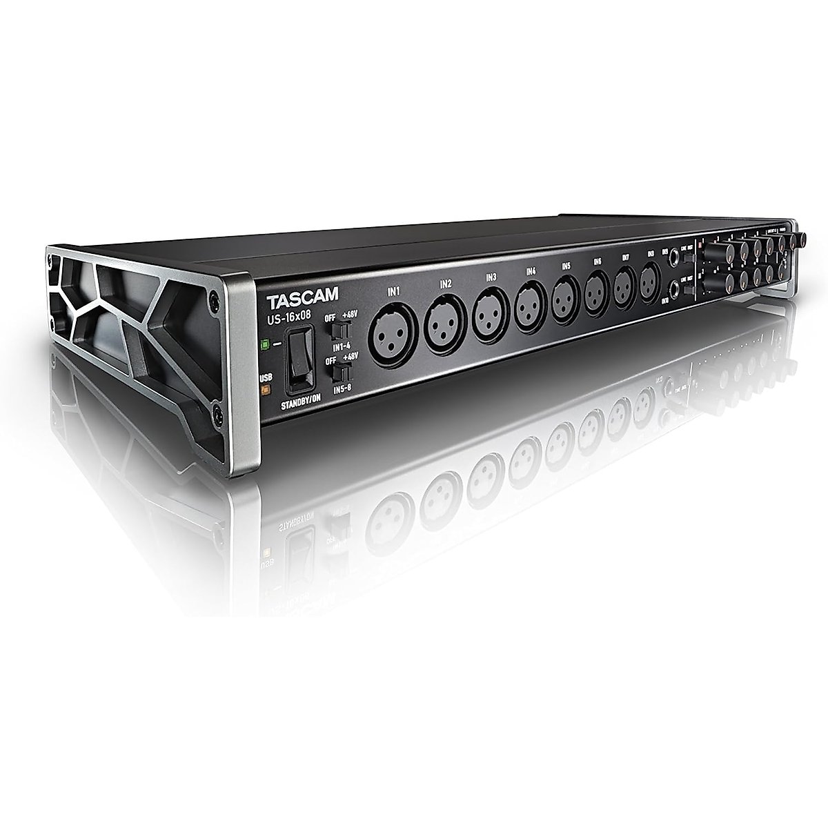 Tascam US-16x08 Rackmount USB Audio/MIDI Interface for Recording, Drum Recording, 8 XLR/8 1/4" Inputs, 8 Outputs, Control Software,Black