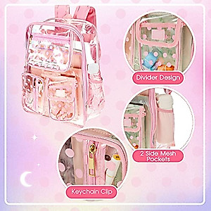 Silkfly 3 Pcs Clear Backpack Transparent School Backpacks PVC Clear Bookbag with Lunch Bag Pencil Case for Stadium, School (Pink, Polka Dot)