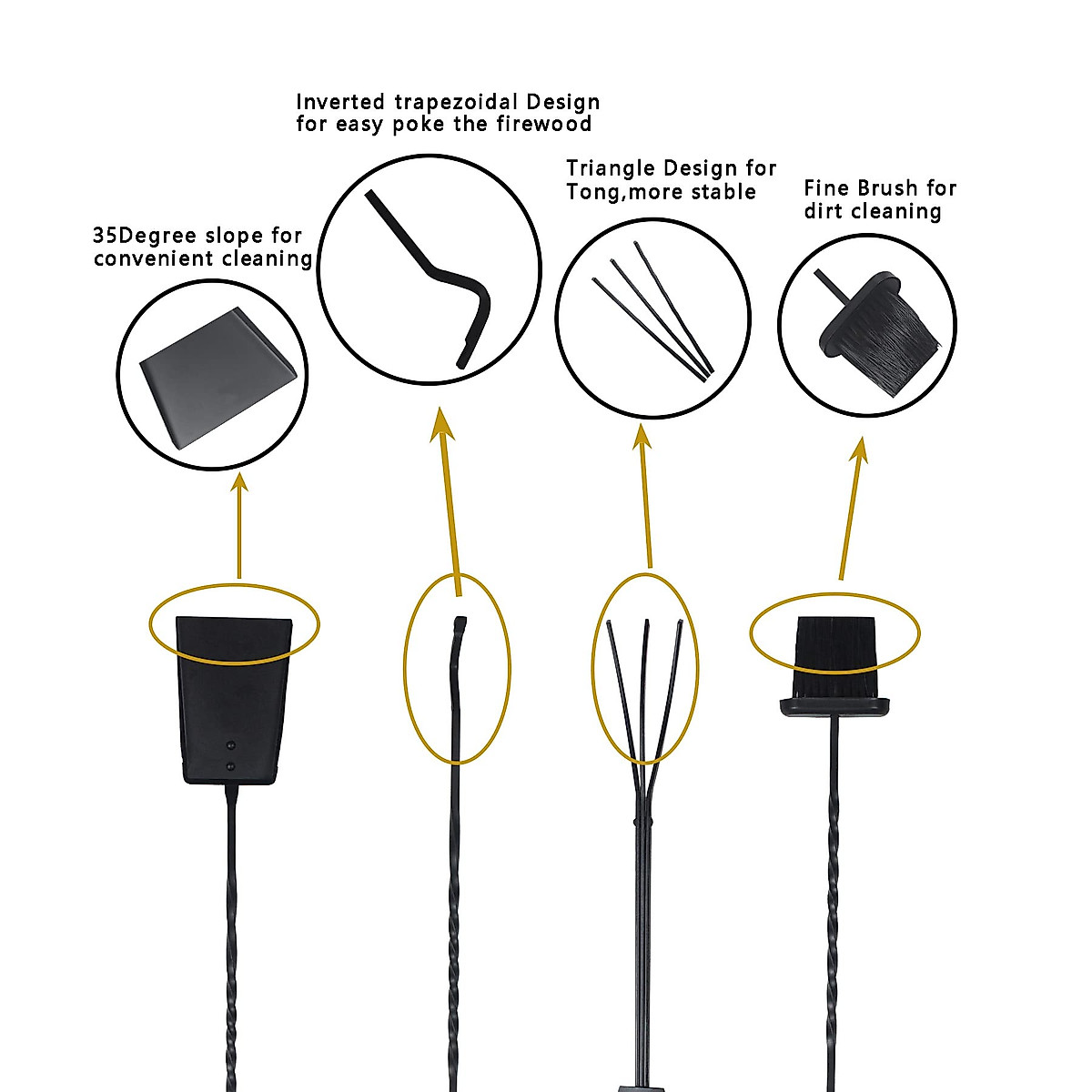 yinat Fireplace Tools Set, 5 Pieces of Fire Pit Tools,Firewood Holder Tools Kit Sets with Handles,Outdoor Accessories Kit,Black,Wrought Iron