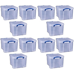 Really Useful Box 32 Liters Storage Bin Container with Snap Lid and Clip Lock Handles for Lidded Home and Office Storage Organization, 12 Pack