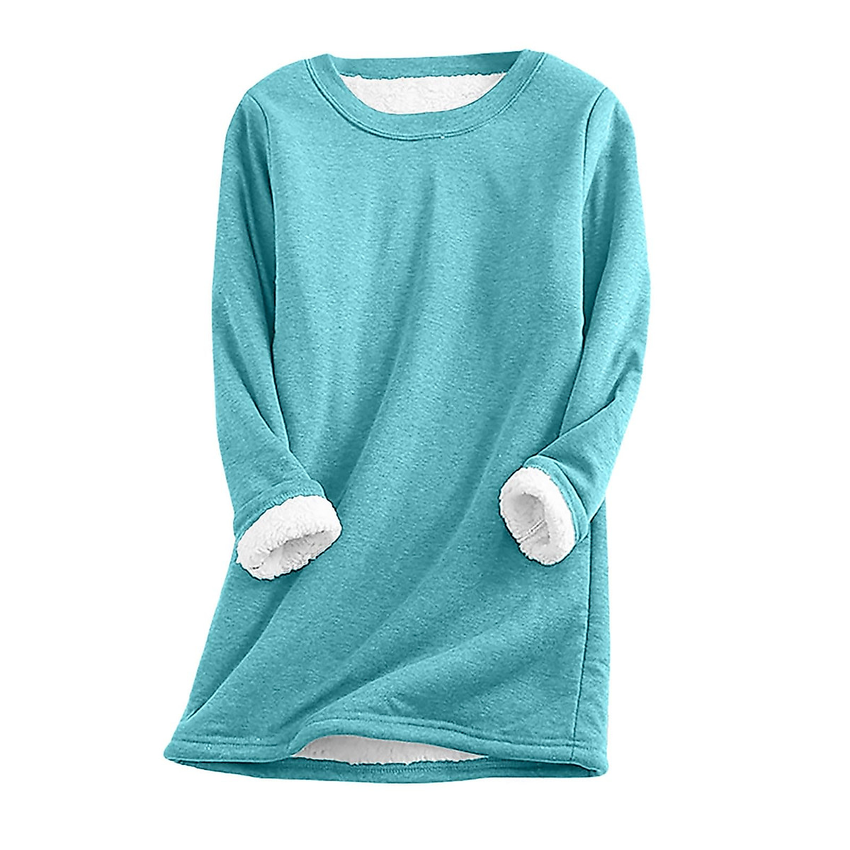 warehouse Women 2023 Fleece Lined Shirts Casual Long Sleeve Sherpa Warm Tops Round Neck Plus Size Solid Comfort Underwear Light Blue L
