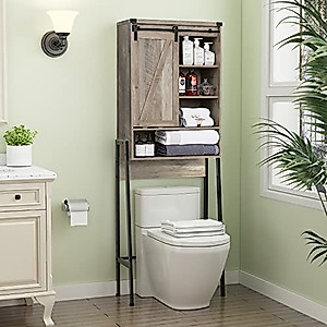 Saedew Over The Toilet Storage Cabinet, Farmhouse Over Toilet Bathroom Organizer with Sliding Barn Door & Adjustable Shelves, Freestanding Space Saver Toilet Stands, Bathroom Storage Rack,Grey