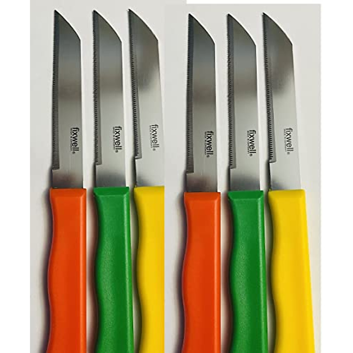 MADE IN GERMANY FIXWELL STAINLESS STEEL KNIVES - PACK OF 6 (ORANGE, YELLOW, GREEN) -3.5" SHARP SERRATED BLADE -IDEAL FOR KITCHEN & GENERAL USE, BREADS, SANDWICHES, AND PRECISION FOOD CUTTING