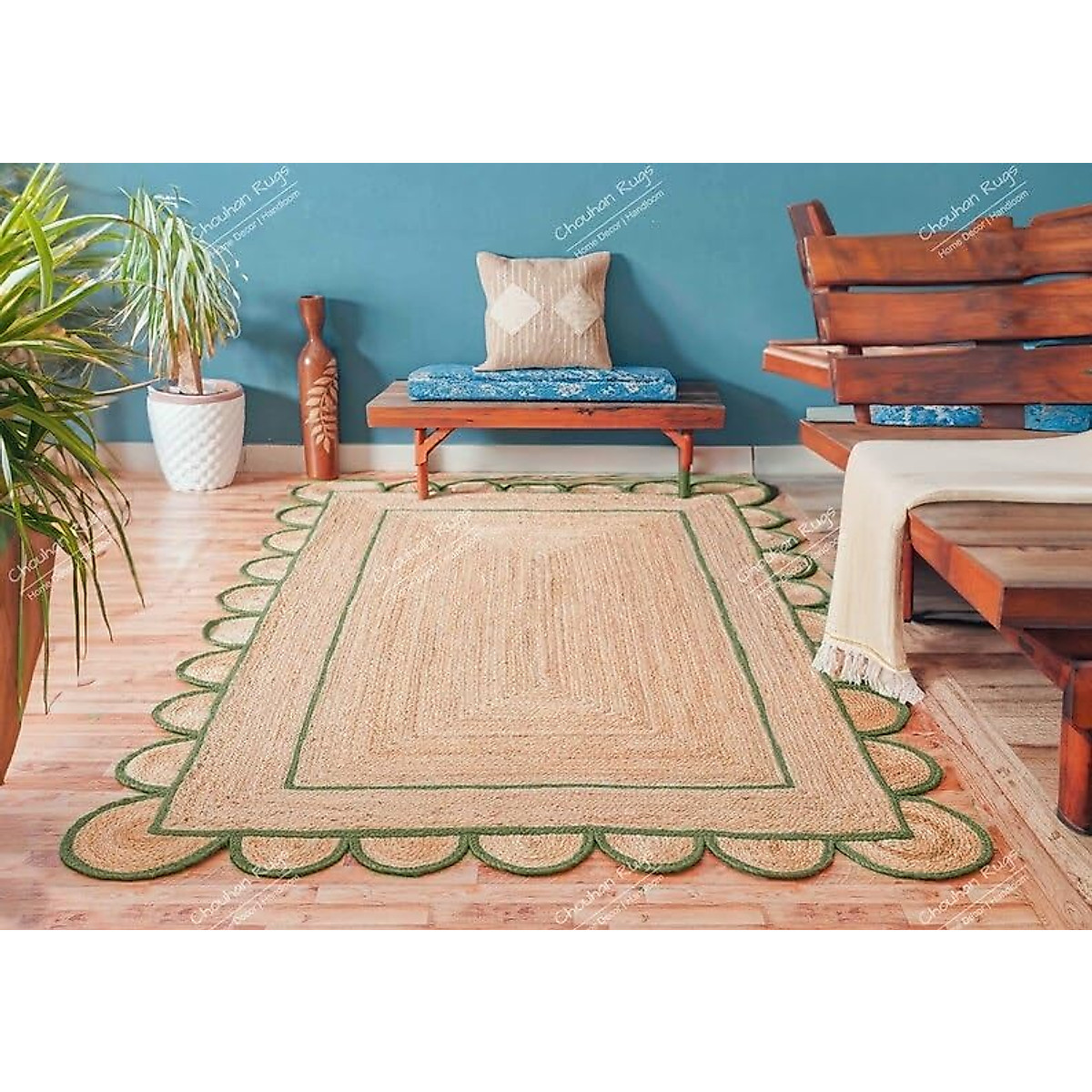 Jaipur Weaver Group Natural Jute Scalloped Area Rug Scallop Braided Boho Rugs Handwoven Bohemian Rug for Farmhouse & Home Decor (Green-4'x6'), BD2-GRN-4'x6'