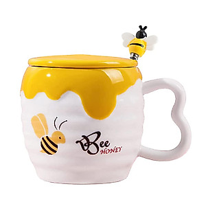 Mozacona Embossed Ceramic Honey Jar Coffee Mug with Lid and Bee Spoon