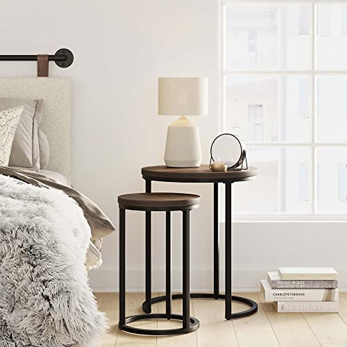 Nathan James Lula Nesting Round Side Set of 2, Accent End Table for Living Room with Wood or Marble Finish Tabletop and Metal Base, Nutmeg/Black
