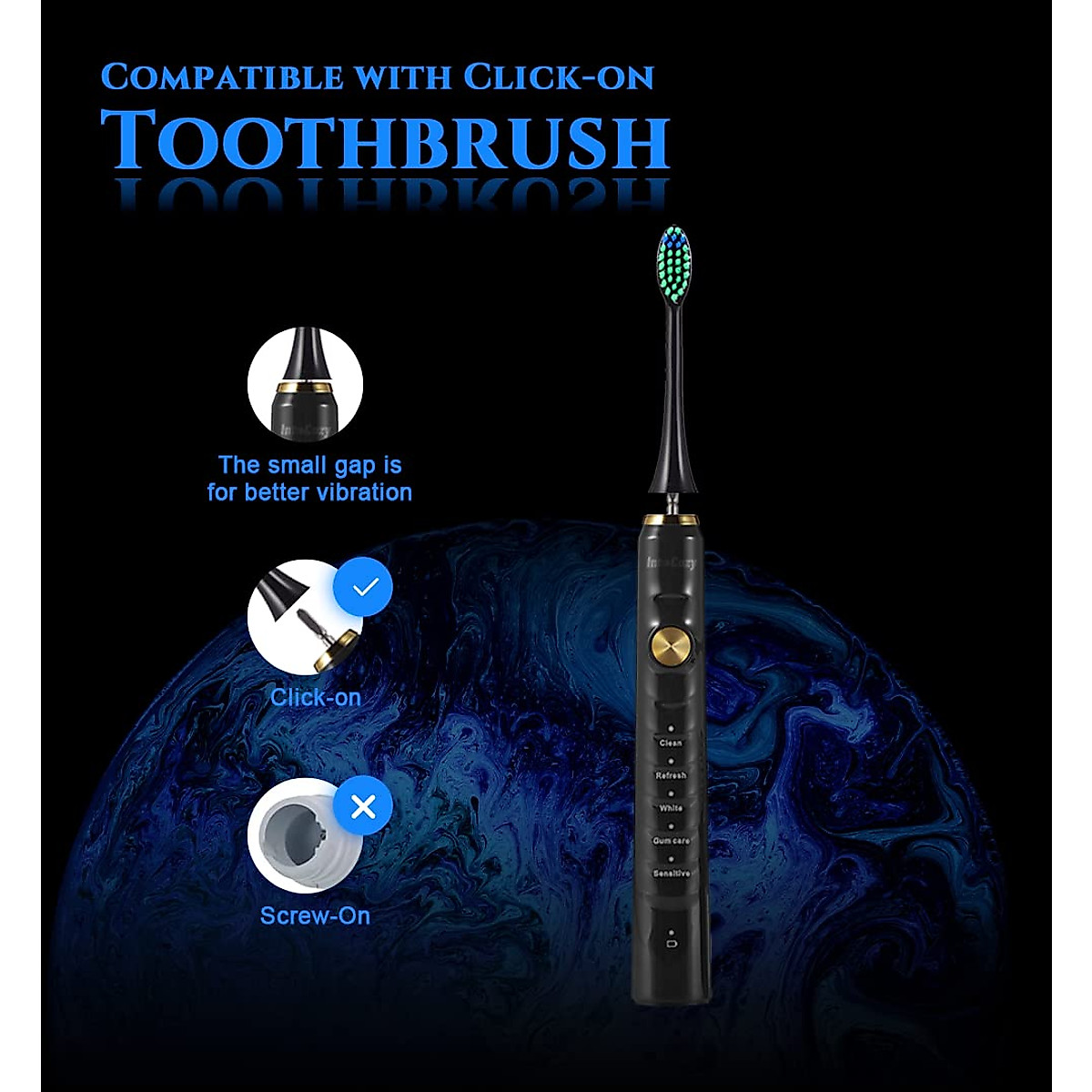 IntoCozy DY-108pro Replacement Toothbrush Heads Plaque Control Toothbrush Heads for Click-on Sonic Toothbrush, Reminder Bristles, Full Size, 4 Count