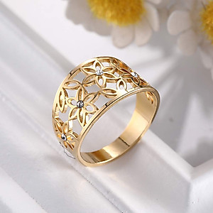 LIKGREAT Flower of Life Rings Shiny Rhinestone Flower Ring Wide Eternity Band Ring for Women (gold, 7)