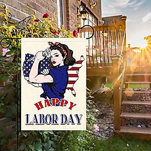 Happy Labor Day Garden Flag Celebrate Labor Day Woman Working Patriotic USA Flags 12 x 18 Double Sided Burlap Banner for Home House Outdoor Garden Yard Lawn Decor(ONLY FLAG)