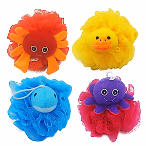 Bleu Bath (4 Pack) Lovely Animal Design Kids Exfoliating Bath Scrubber Body Scrubber Shower Ball for Baby Toddler Kids Gentle Exfoliating Bath Sponge Loofah Pouf in Colorful Design