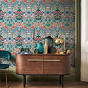 JiffDiff Vintage Wallpaper Peel and Stick Watercolor Floral Botanical Morris Wallpaper Strawberry Thief Easy Peel Off Wallpaper for Bedroom Mural Wall Decor Self-Adhesive 17.7in x 9.8ft