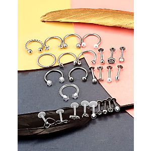 Vsnnsns 16G Lip Rings Stainless Steel Opal Horseshoe Labret Monroe Lip Rings Nail Cartilage Tragus Helix Earrings Studs Septum Ring Medusa Piercing Jewelry Retainer For Women Men Silver 8mm 26PCS