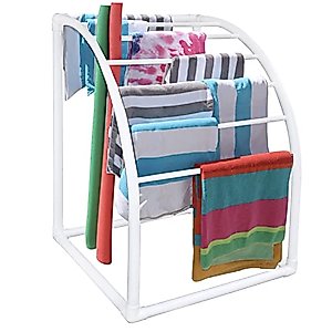 7 Bar Curved Outdoor Towel Rack - Free Standing Poolside Storage Organizer - Also Stores Floats, Paddles and Noodles, 37.5" W x 37.5" L x 49.5" H, (White) Style 244574