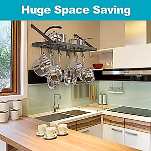 Vdomus Hanging Pot Rack, Wall Mounted Pots and Pans Holder 29.3 by 13 Inch | Kitchen Cookware Organizer for Pots and Pans Storage 15 Hooks, Ideal for Pans, Utensils, Cookware in Square Grid | Black