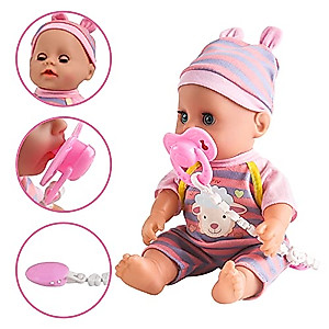 deAO 12” Baby Doll Play Set with Crib, Mobile, High Chair Feeding Accessories, Interactive Dolls for Girls Kids Pretend Play Baby Dolls 21 PCS