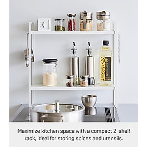 Yamazaki Home Tower Compact 2-Shelf Kitchen Storage Rack | Easy-To-Clean Design, Versatile Hooks - Steel
