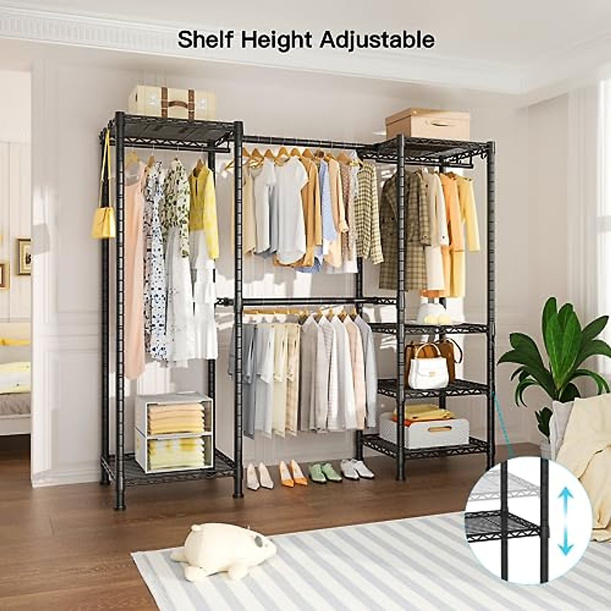 Ulif E7 Heavy Duty Garment Rack, Freestanding Clothes Organizer and Storage Rack with Expandable Hangers Rods, Metal Portable Closets with 6 Wire Shelves, (52.3”-72”)W x 14.5”D x 71.2”H, Load 740 LBS