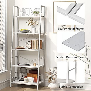 Yusong Ladder Shelf,Industrial 5-Tier Bookshelf,Free Standing Bookcase,Utility Organizer Shelves for Plant Flower,Wood Look Accent Furniture with Metal Frame for Home Office, (White)