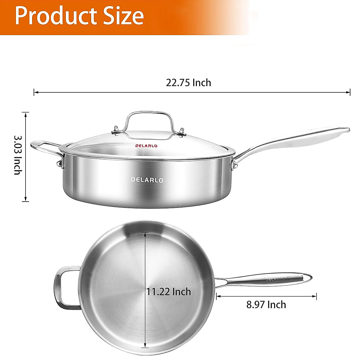 DELARLO Whole Body Tri-Ply Stainless Steel Sauté Pan with lid, 6 Quarts Saute Pan, 12 Inch Deep Frying Pan, Large Skillet Cooking Pan Induction Compatible Chef Pan, Dishwasher & Oven Safe