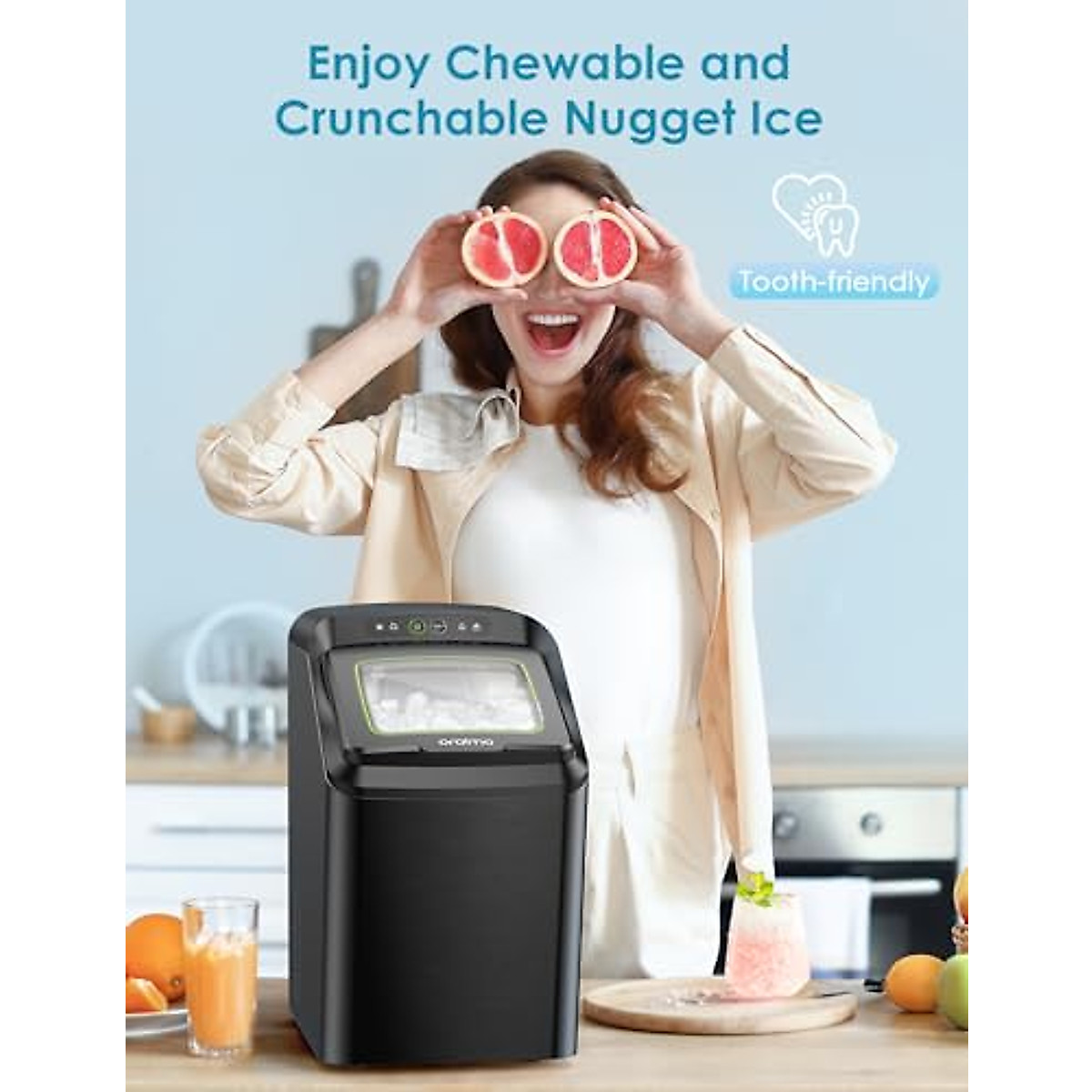 Oraimo Nugget Ice Maker, Ice Makers Countertop, 26 Lbs/Day Tooth-Friendly Chewable Ice with Self-Cleaning & Auto Water Refill, Sonic Pebble Ice Maker Machine for Party, RV, Home and Kitchen