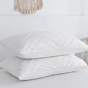 Nanko Pillow Case/Pillow Shams Queen Set of 2, White Tufted Jacquard Boho Soft Shabby Chic Microfiber Pillow Covers, Soft Comfortable for Home Hotel Bed, Modern for Men and Woman, 20 x 30 inch