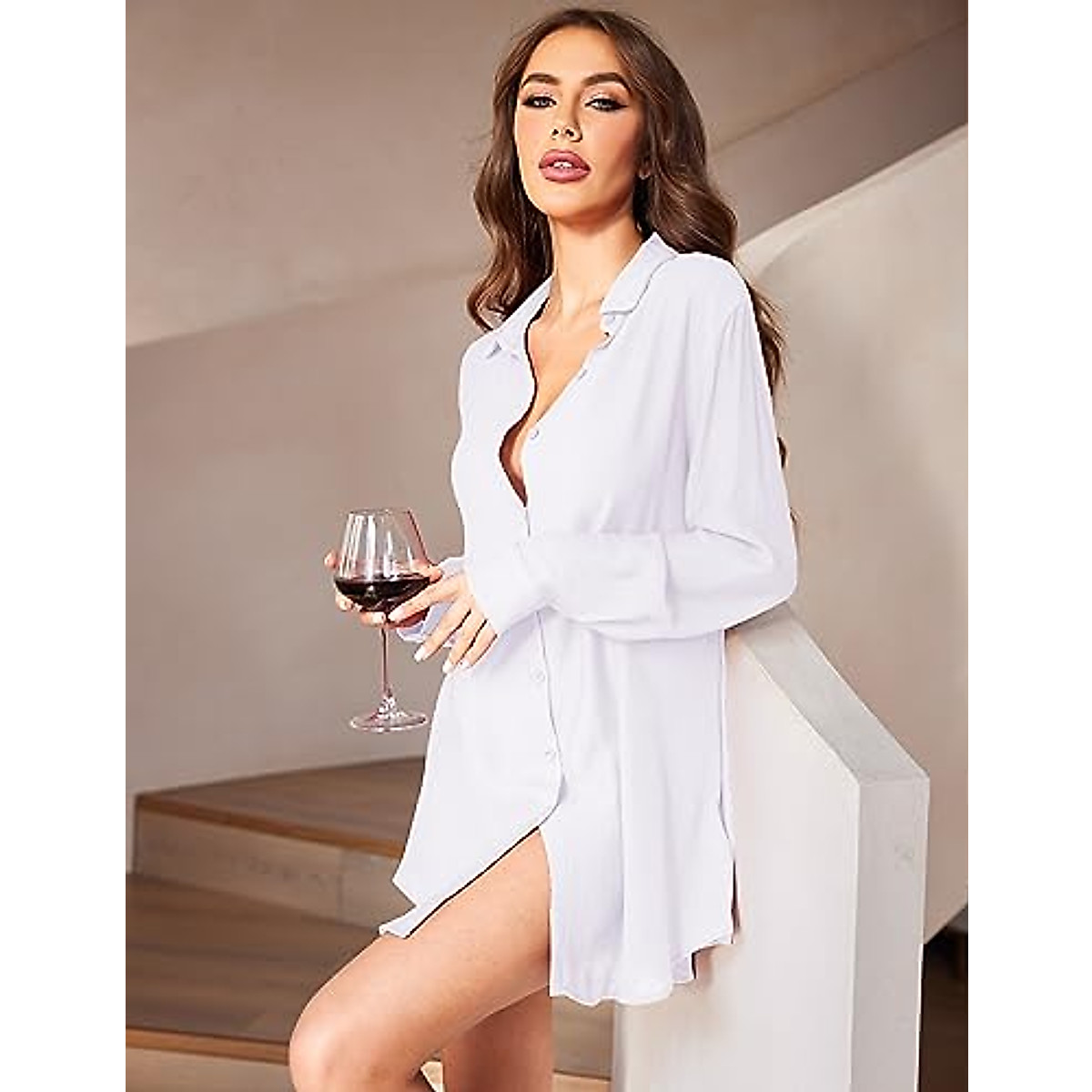Ekouaer Sleepshirt for Women Button Down Long Sleeve Pajama Tops Loose Fit Boyfriend Nightwear White M