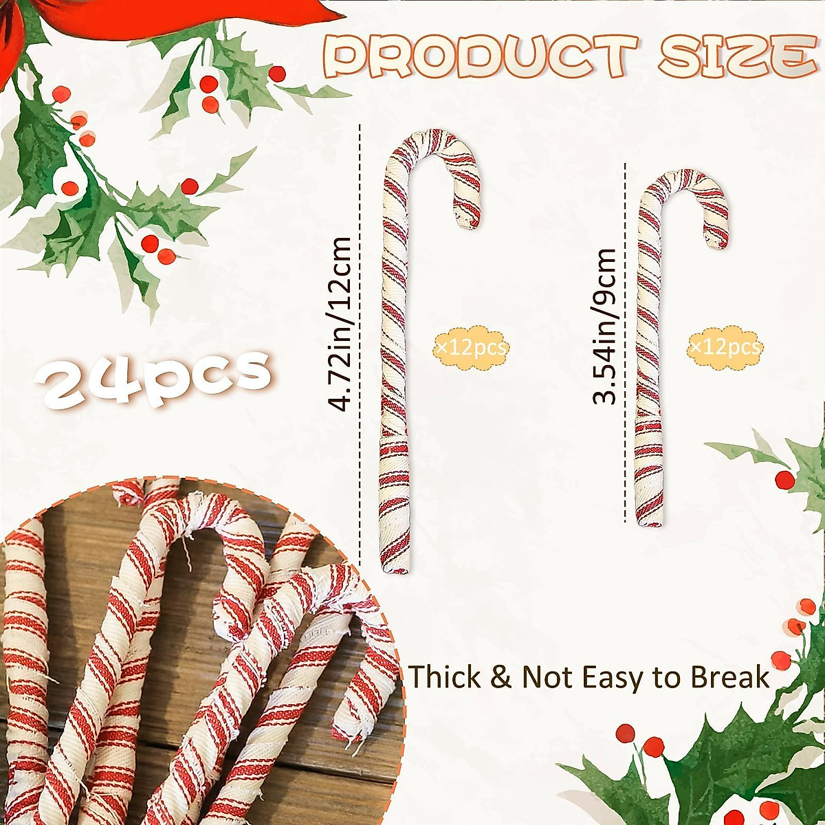 24pcs Candy Cane Christmas Decorations for Tree - Red White Fabric Wrapped Candy Cane Christmas Hanging Ornaments for Farmhouse Christmas Decor Gift Candyland Party Favor Supplies