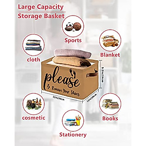 Please Remove Your Shoes Storage Basket Waterproof Cube Storage Bin Organizer with Handles, Farmhouse Brown Collapsible Storage Cubes Bins for Clothes Books Toys 15"x11"x9.5"