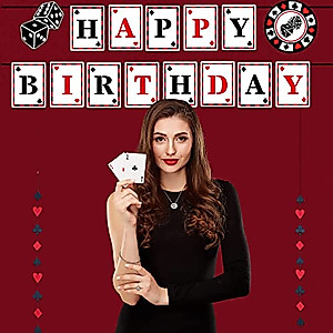 11 Pieces Casino Birthday Party Decorations Set, Includes Poker Happy Birthday Banner, 6 Casino Honeycomb, 4 Poker Card Hanging Swirls for Casino Poker Theme Birthday Party Supplies