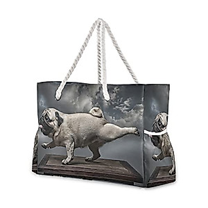 ALAZA Yoga Pug Dog Puppy Funny Fun Large Beach Bag For Women Tote Bags Reusable Grocery Shoulder Bag with Zipper Closure Pocket