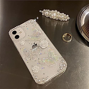 Fycyko Compatible for iPhone 12/12 Pro 3D Butterfly Floral Clear with Design Aesthetic Women Teen Girls Glitter Pretty Crystal Sparkle Sparkly Cute Girly Phone Cases Protective Cover+Chain-Clear