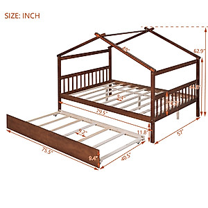 GOWE Full Size Wooden House Bed with Twin Size Trundle, Walnut