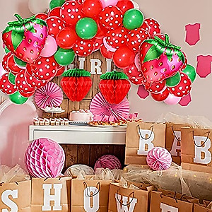Strawberry Birthday Party Decorations Strawberry Party Balloons Arch Garland Decorations Paper Honeycomb Ball Baby Shower Foil Balloon Decoration Kit for Party (Red, Pink, Green)