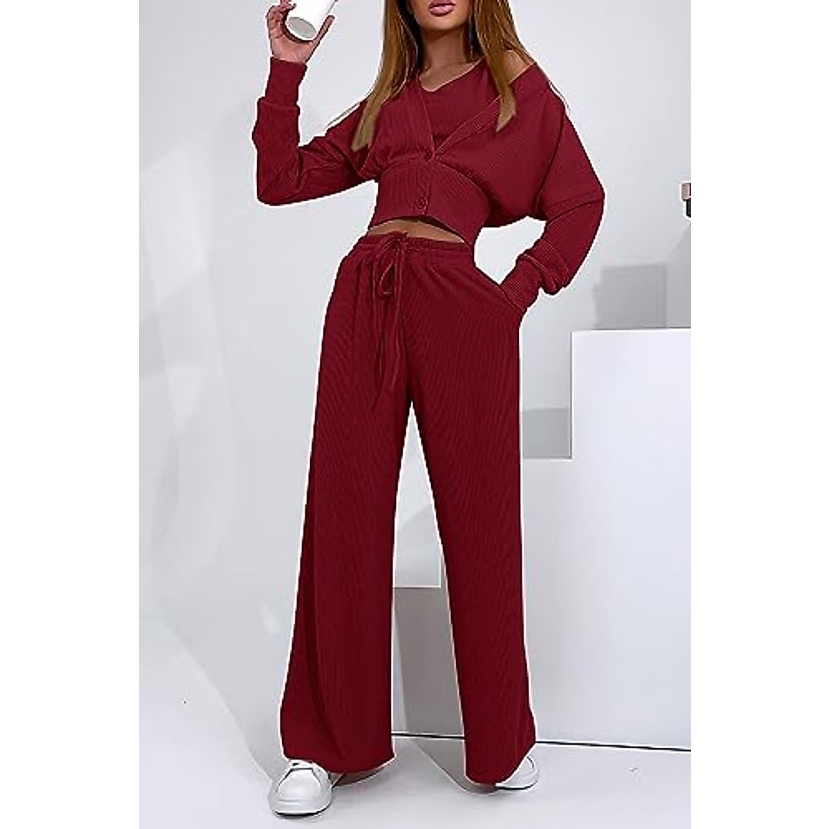 PRETTYGARDEN Womens 2024 Fall Track Suits 3 Piece Outfits Matching Sets Ribbed Knit Cardigan Cropped Tank Tops Wide Leg Pants (Wine Red,Medium)