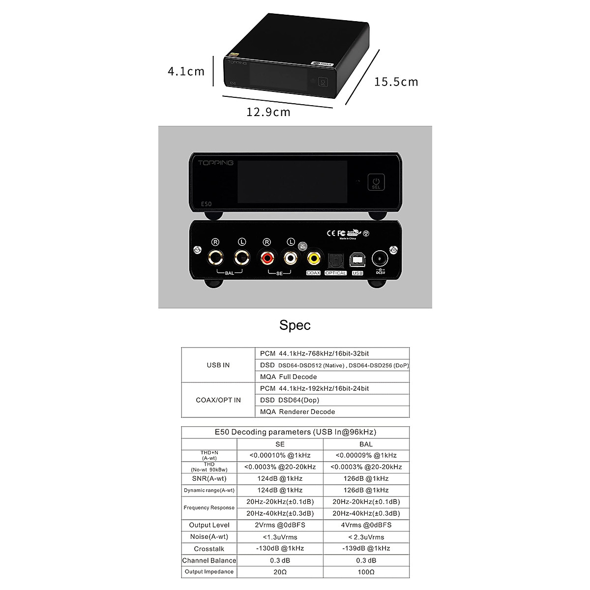 Topping E50 Mini HiFi DAC ES9068AS DSD512 PCM768kHz USB DAC USB/Coax/Opt Inputs RCA/TRS Outputs Decoder for Home Theater Game Music Black